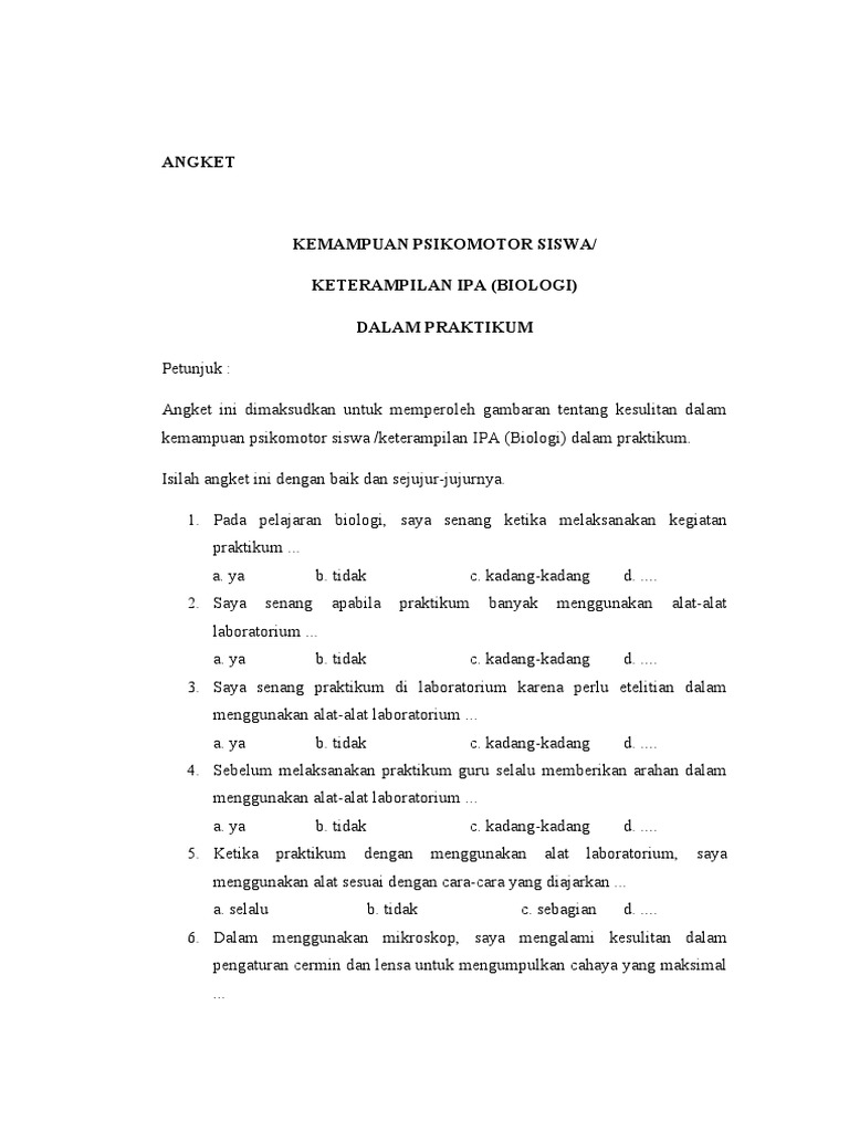 Angket Keterampilan Praktikum Biologi | PDF