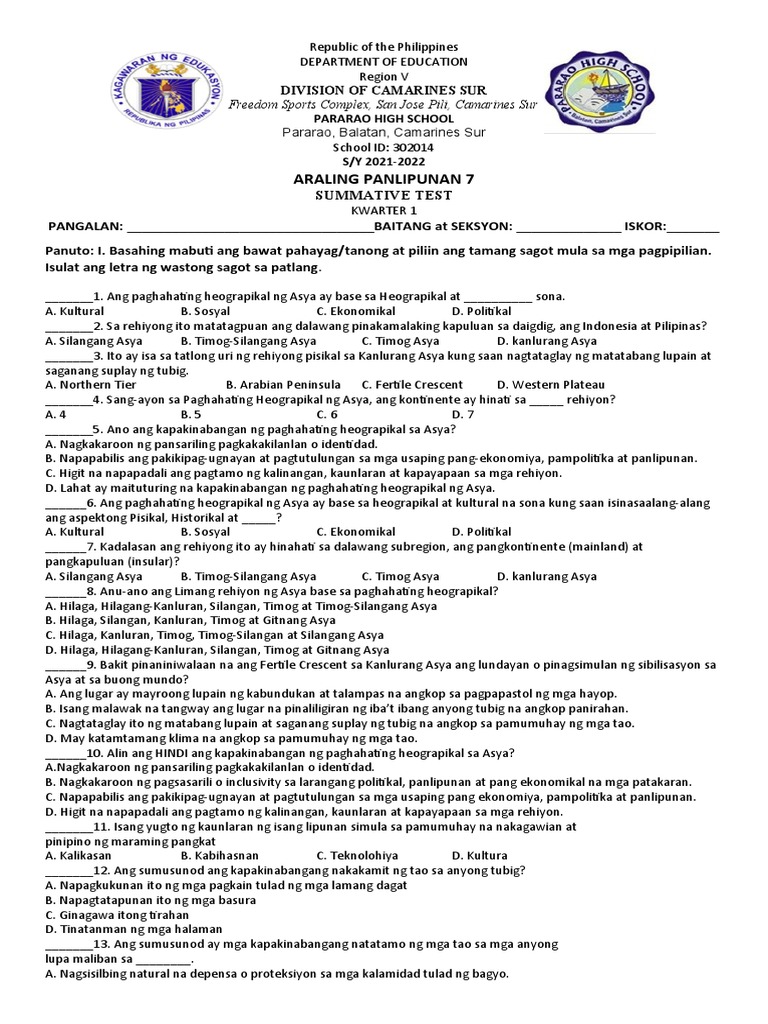 Quarter 1 - Summative Test AP 7 | PDF