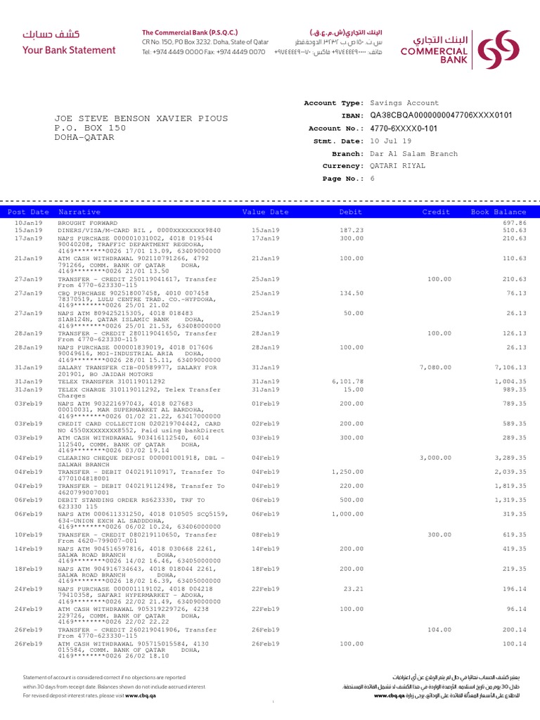 Your Bank Statement: Joe Steve Benson Xavier Pious P.O. BOX 150 Doha ...