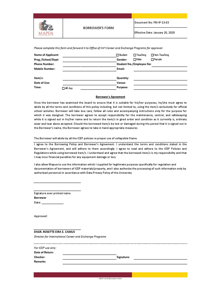 Borrower'S Form: Please Complete This Form and Forward It To Office of ...