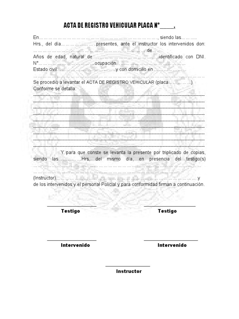 Acta de Registro Vehicular Placa N | PDF