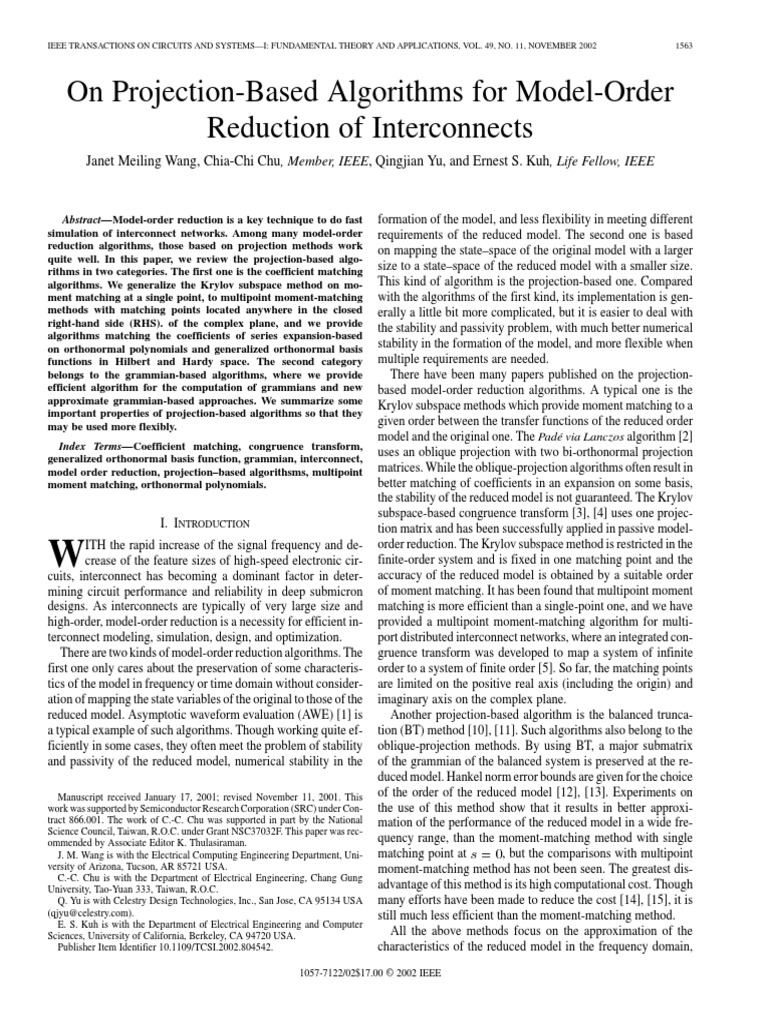 On Projection Based Algorithms For Model Order Reduction Of Interconnects Pdf Matrix