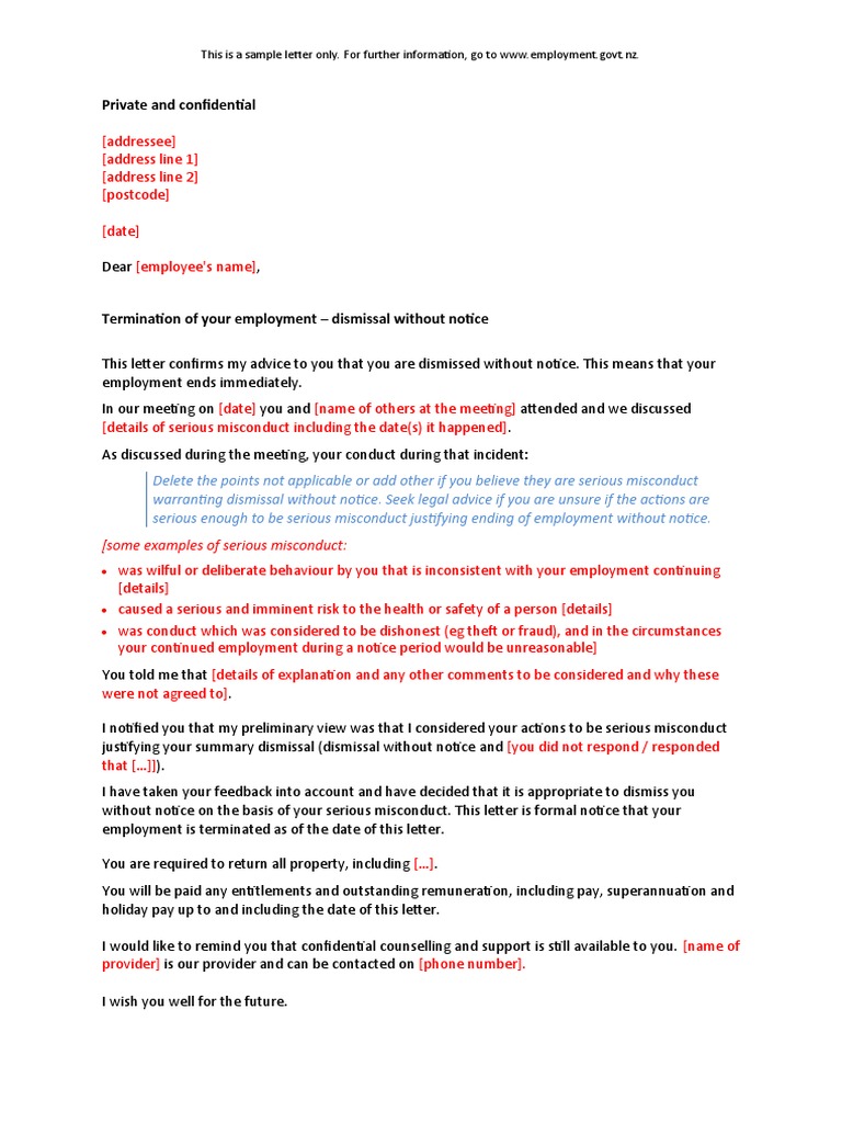 Sample Letter Termination of Employment Dismissal Without Notice | PDF ...