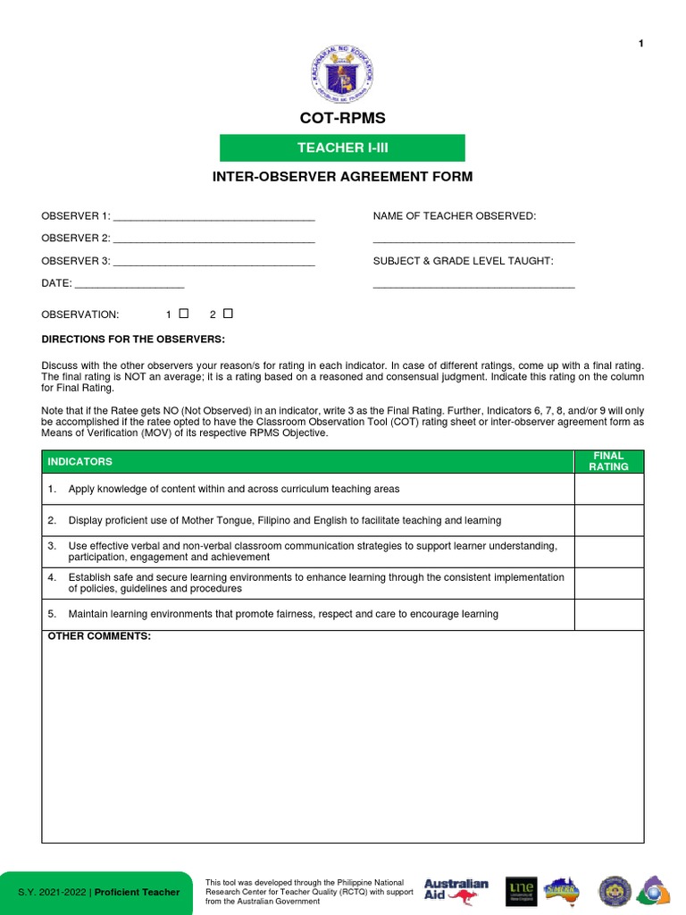 Appendix 3F COT RPMS Inter Observer Agreement Form For T I III For SY ...