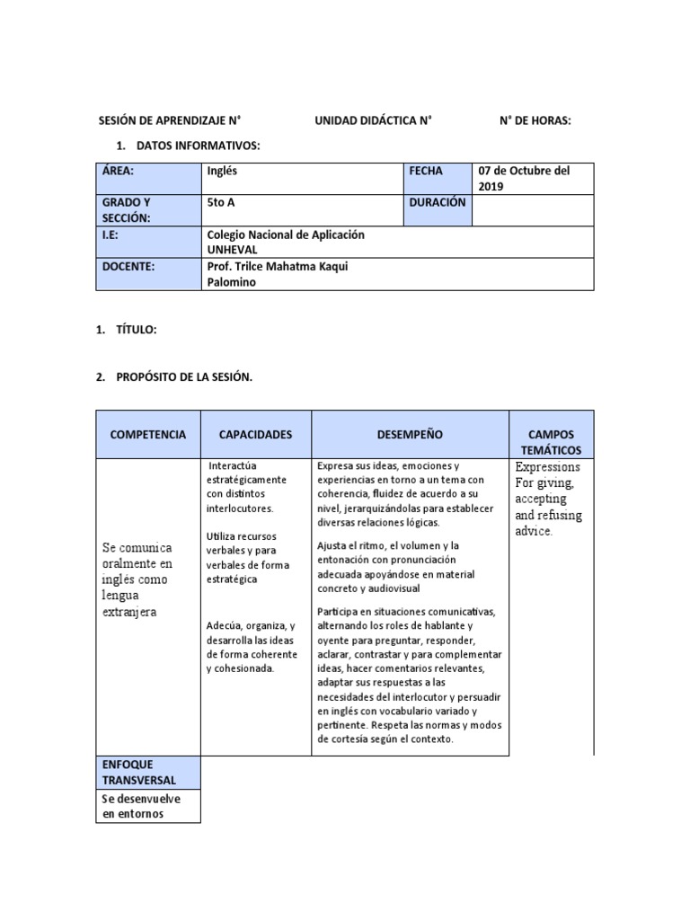Sesión de Aprendizaje, Inglés | PDF | Aprendizaje | Evaluación
