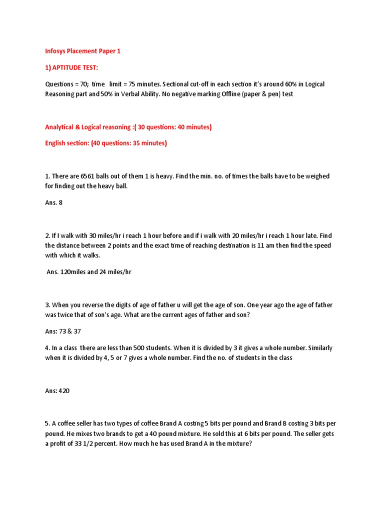 Infosys Placement Sample Paper 1 | PDF | Inference