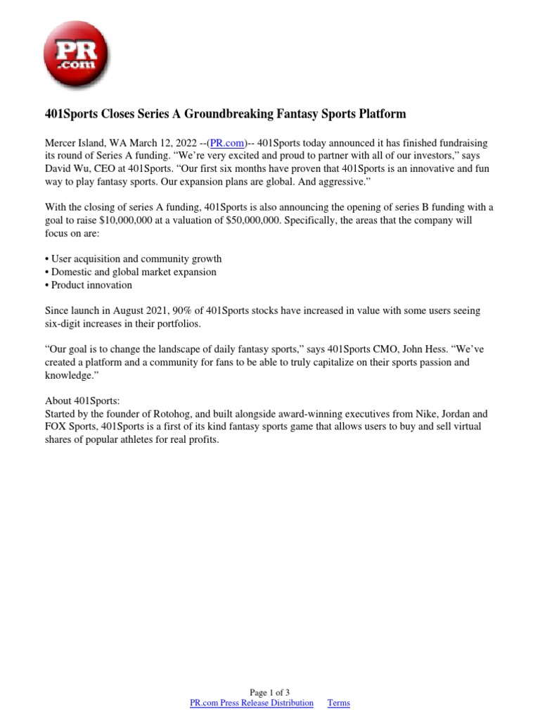 401sports Closes Series A Groundbreaking Fantasy Sports Platform | PDF ...