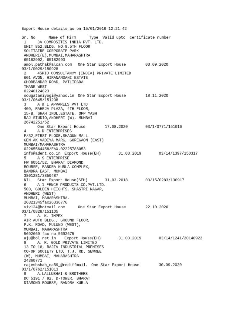 Export House Details - January 2016 | PDF | Mumbai | Economy Of India