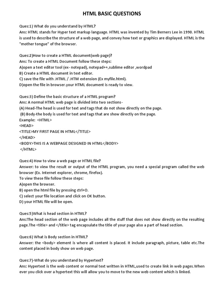 HTML Basic Questions | PDF | Hyperlink | Html Element HTML Basic Questions | PDF | Hyperlink | Html Element