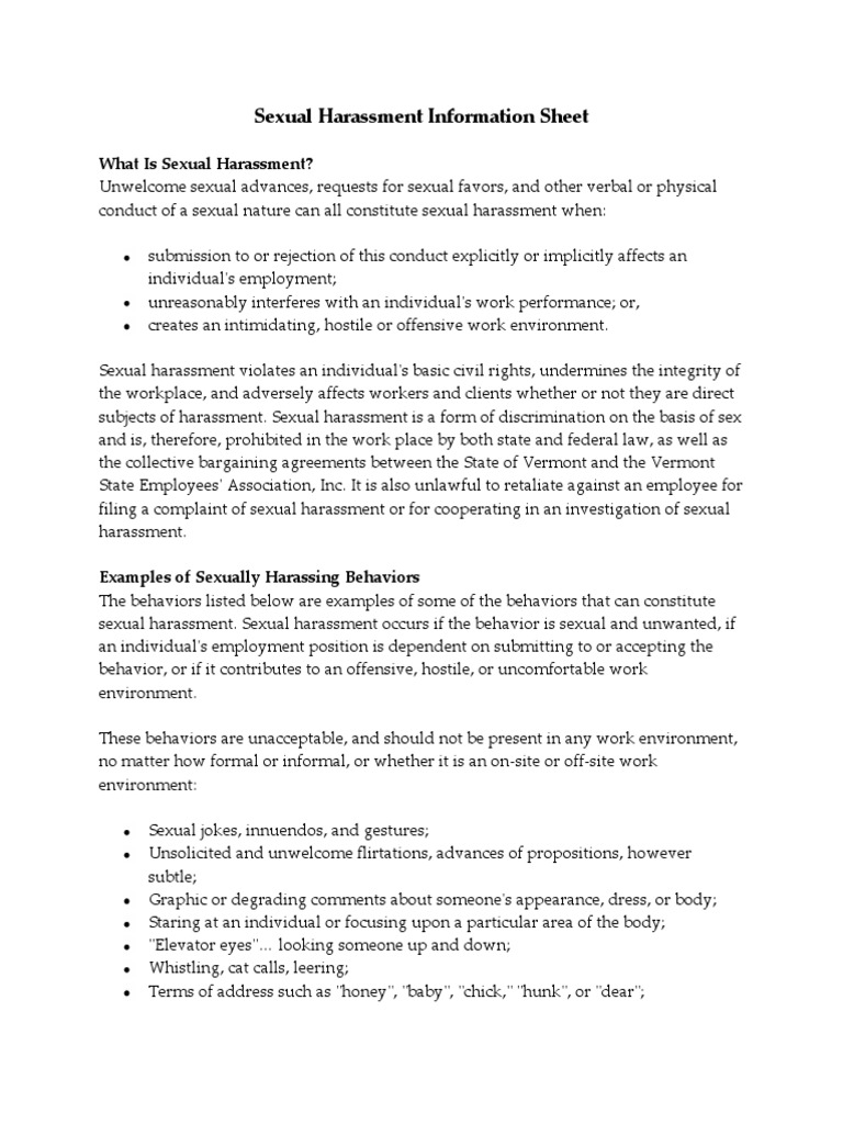 Sexual Harassment Information Sheet | PDF | Sexual Harassment | Legal ...