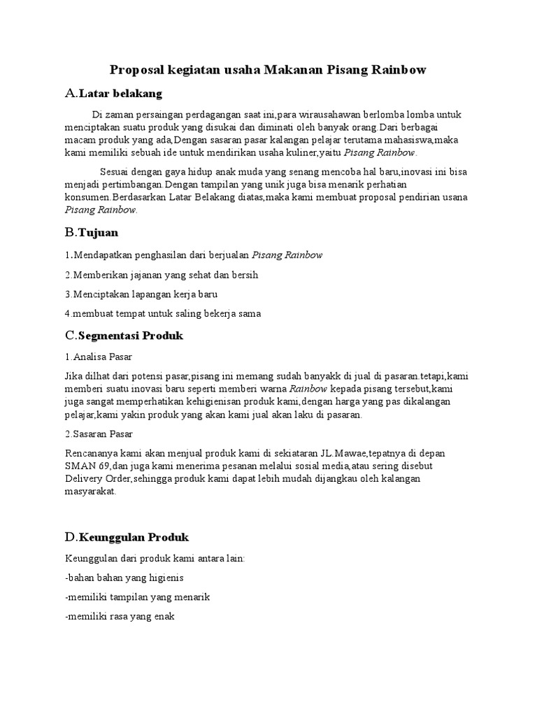 Contoh Proposal Kegiatan Usaha Makanan: Pisang Rainbow | PDF