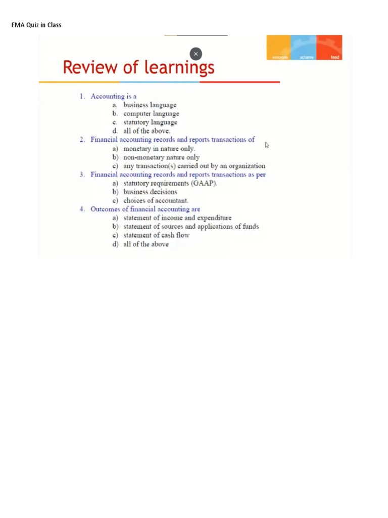 FMA Quiz in Class Answers | PDF | Financial Services | Accounting