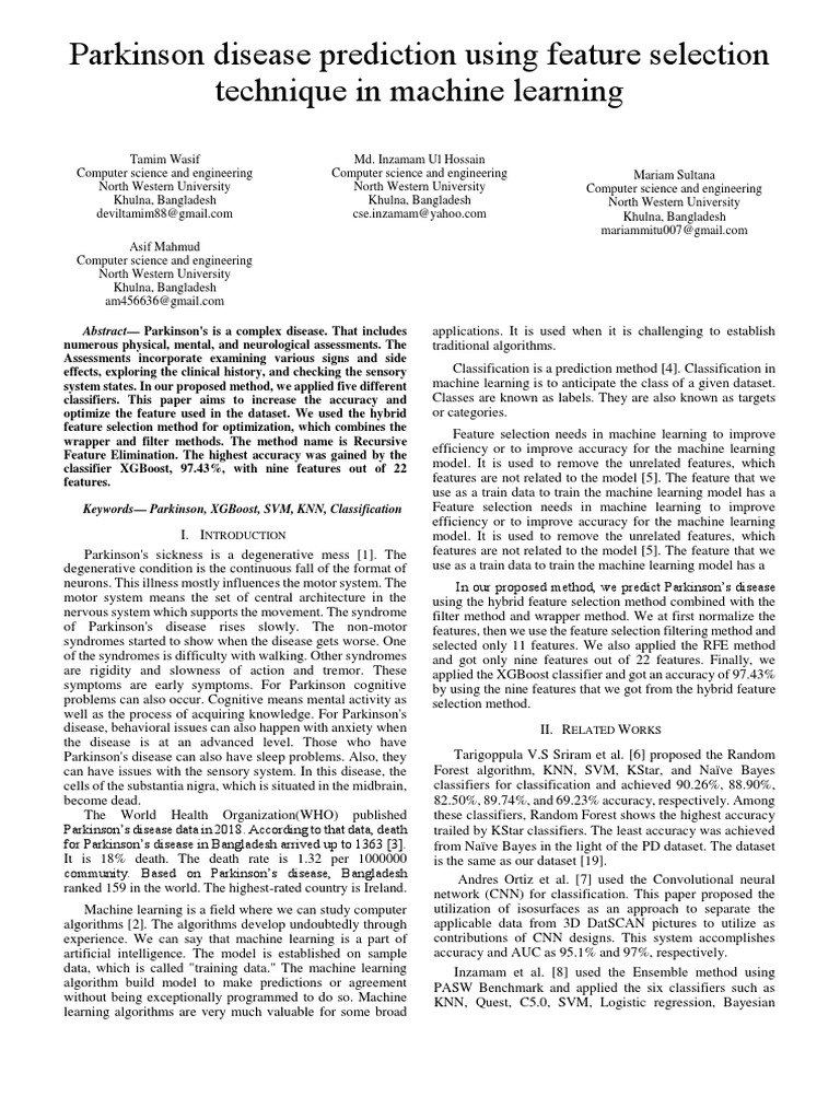 Parkinson Disease Prediction Using Feature Selection Technique in ...