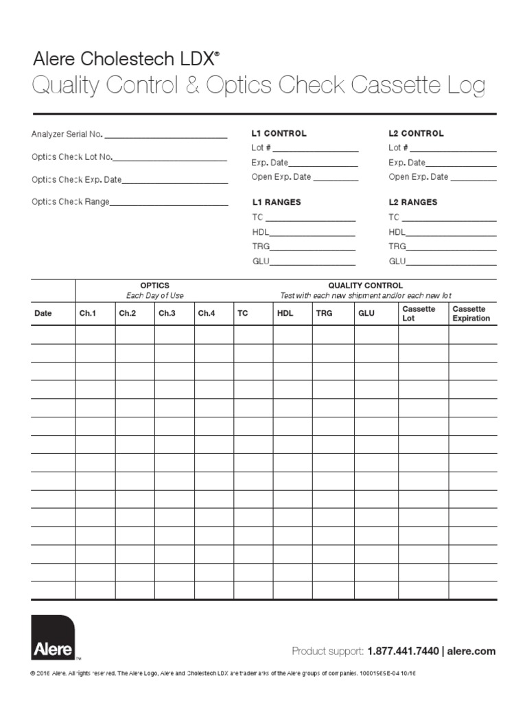 Alere Cholestech LDX Quality Control Optics Log | PDF