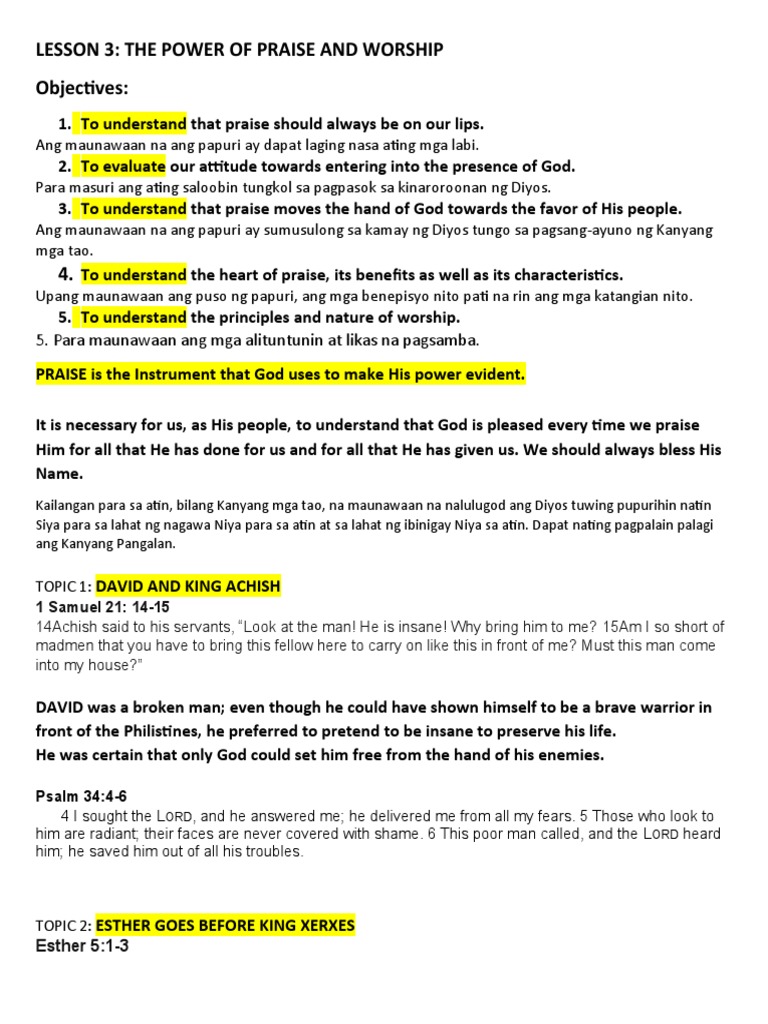 Lesson 3: The Power of Praise and Worship Objectives:: 5. para ...