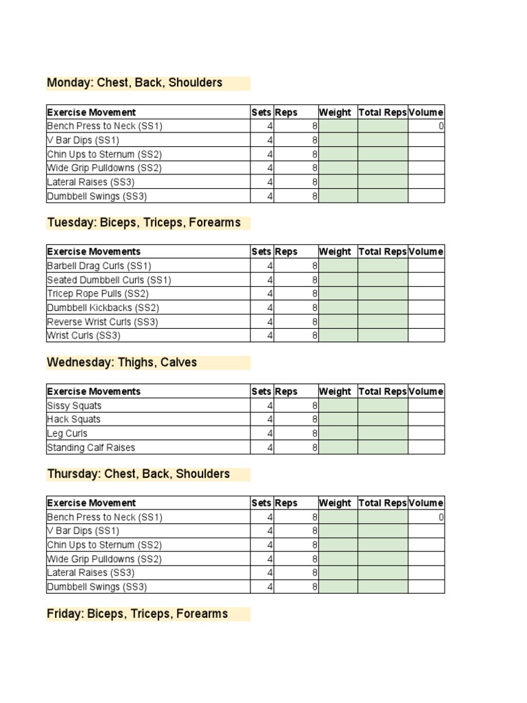 (6 Day - Advanced) Vince Gironda 8x8 Split Workout Routine Spreadsheet ...