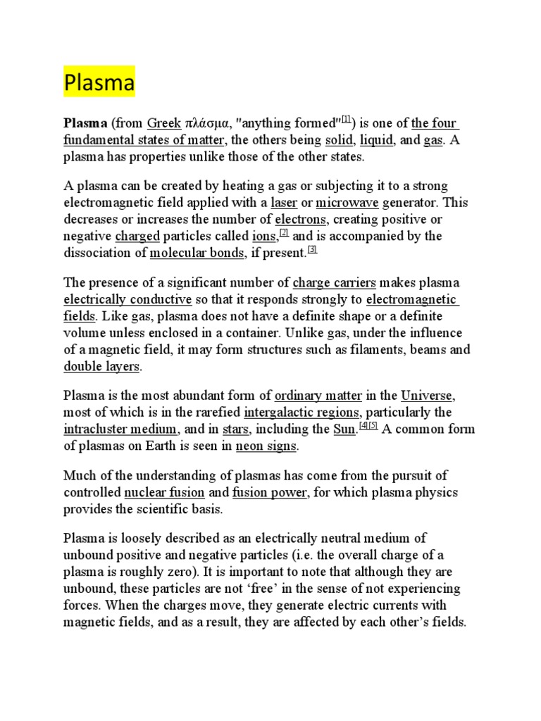 Plasma: Plasma (from Greek πλάσμα, "anything formed" | PDF | Boson ...