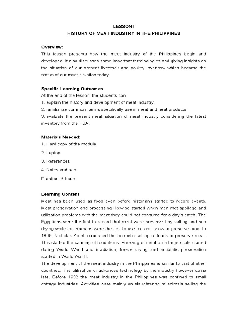 Chapter I History of Meat Industry in The Philippines | PDF