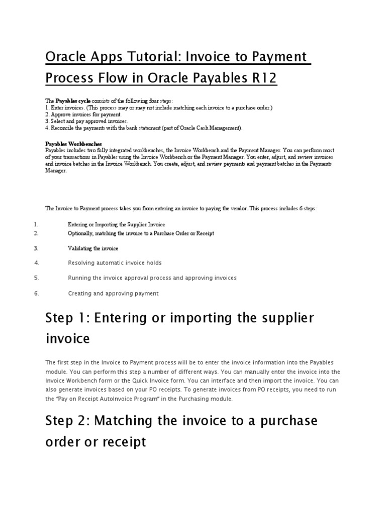 Oracle Apps Tutorial Invoice To Payment Process Flow In Oracle Payables R12 Pdf Accounts