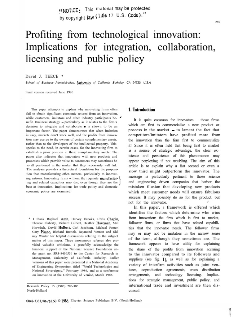 Teece 1986 | PDF | Innovation | Strategic Management Teece 1986 | PDF | Innovation | Strategic Management