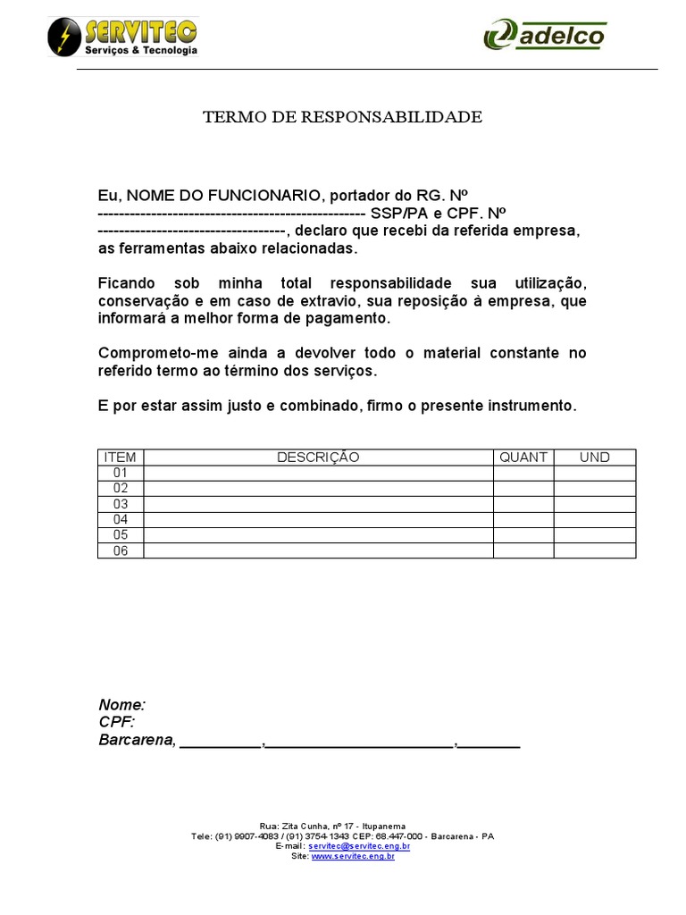Modelo de Termo de Responsabilidade | PDF