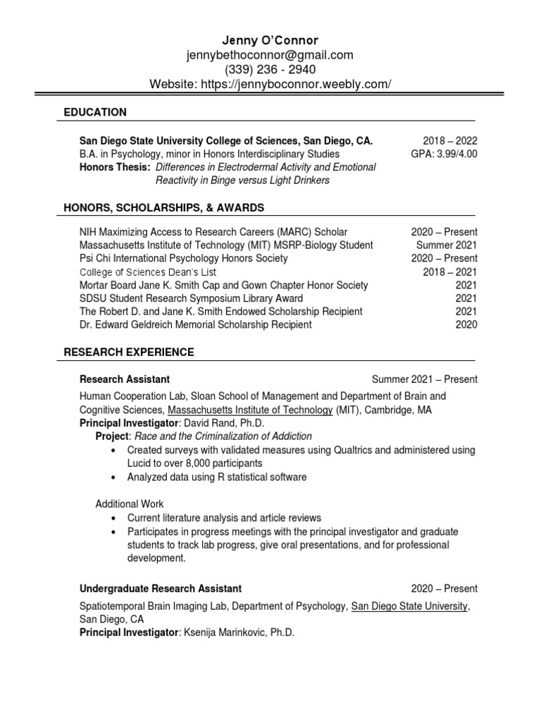 Jenny Oconnor CV | PDF | Psychology | Mental Health