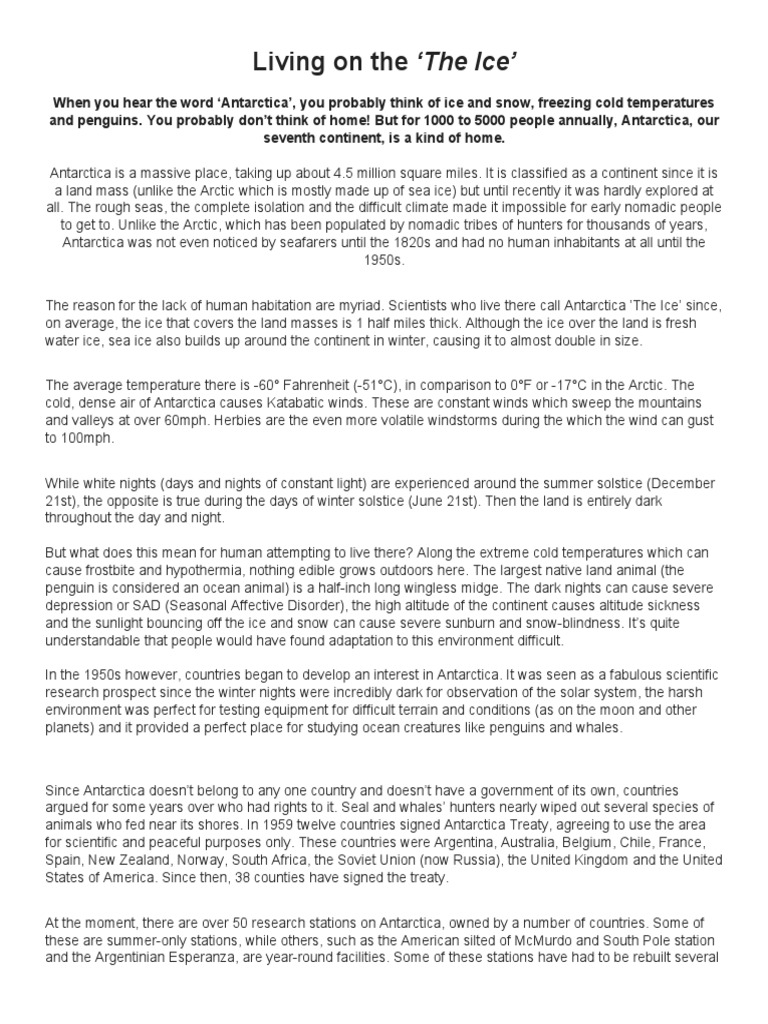 Living On The Ice Comprehension Passage | PDF | Antarctica | Ice