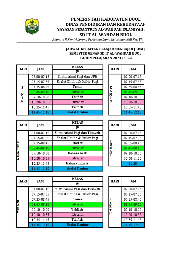 Jadwal Pelajaran Tatap Muka Sdit Tahun Pelajaran 2021-2022 | PDF