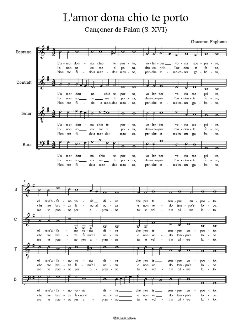 L'amor Dona Chio Te Porto (Sol M) SATB | PDF