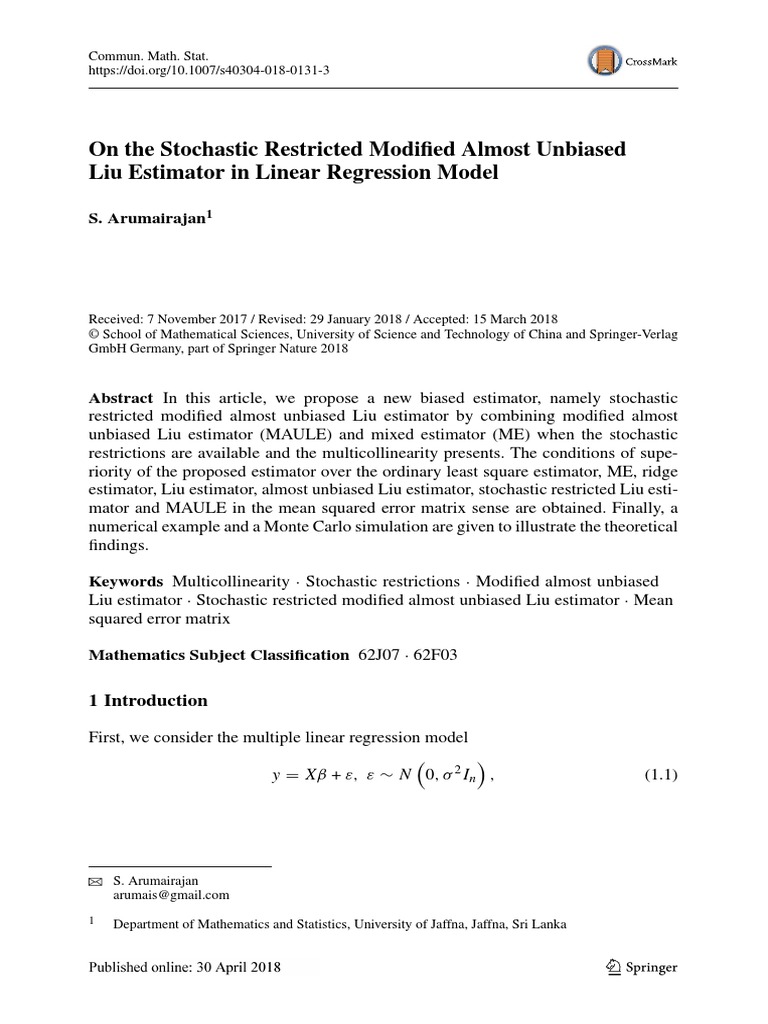 On The Stochastic Restricted Modified Almost Unbiased Liu Estimator in Linear Regression Model ...
