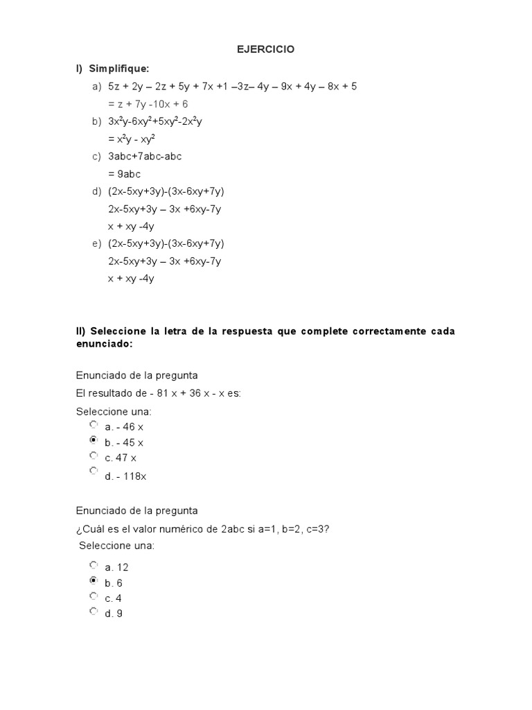 Ejercicio Unidad Expresiones Algebraicas | PDF