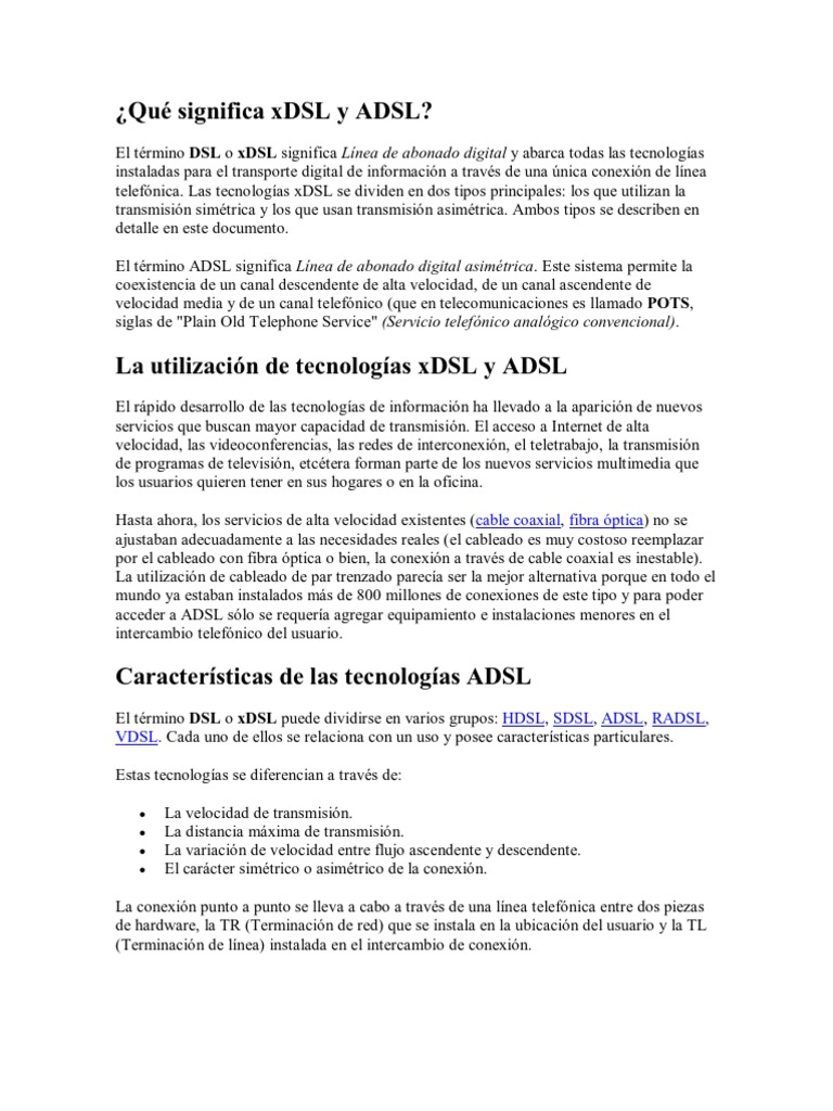 Qué Significa XDSL y ADSL | PDF | Línea de abonado digital ...