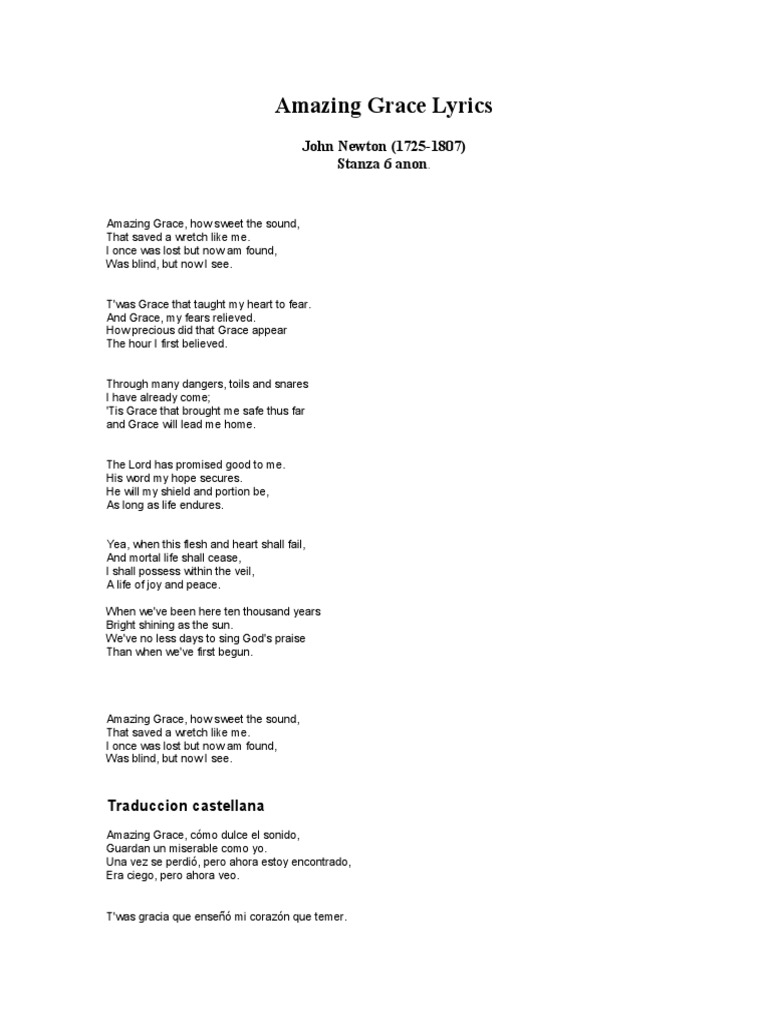 Amazing Grace Lyrics - Ingles y Castellano | PDF
