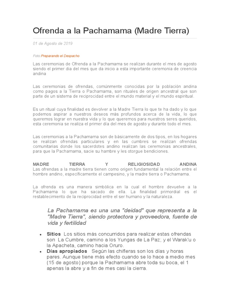 Ofrenda A La Pachamama | PDF | Religión y espiritualidad