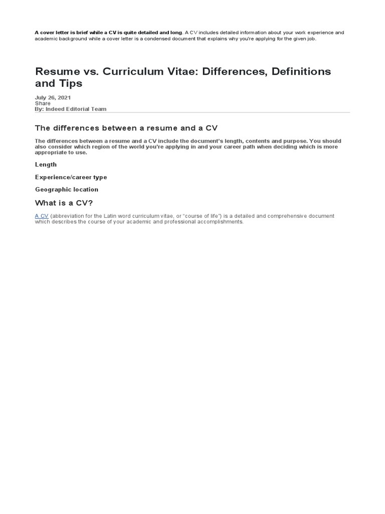 A Concise Comparison of Resumes and CVs: Uses, Contents and ...