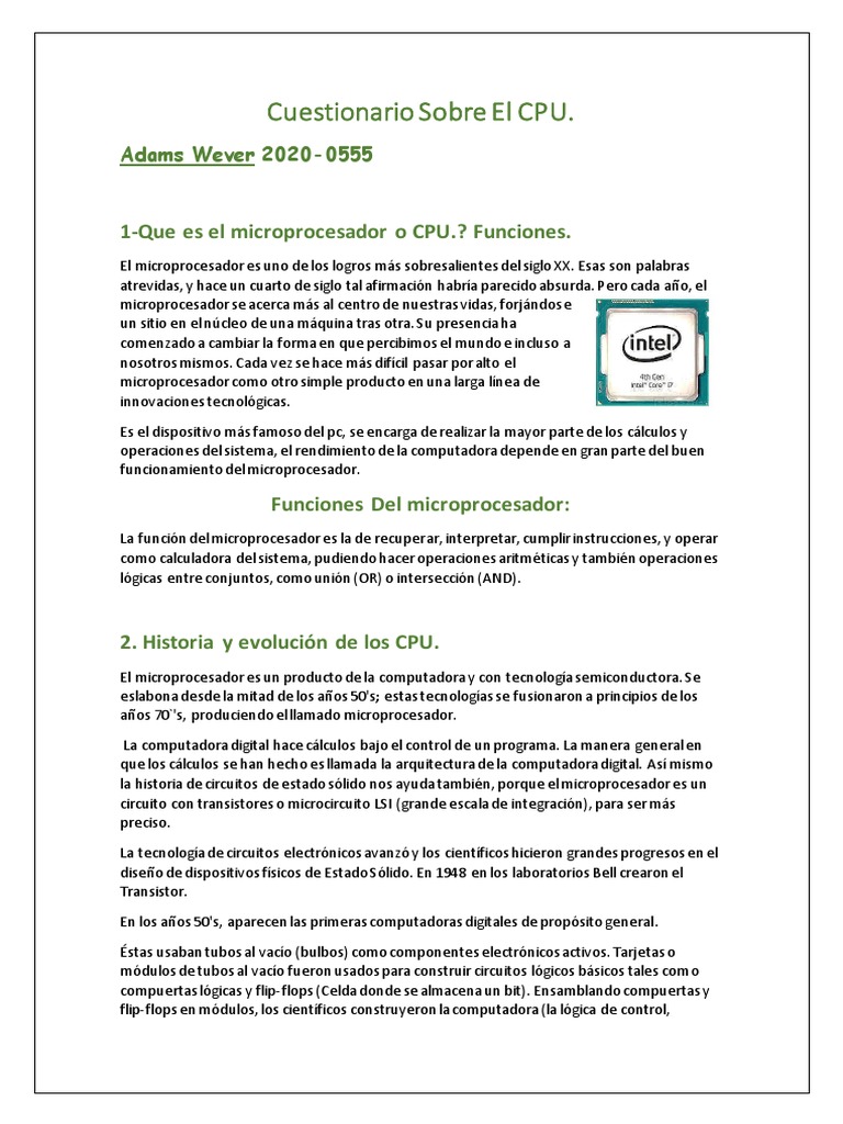 Cuestionario Sobre El CPU | PDF | Microprocesador | Micro dispositivos avanzados