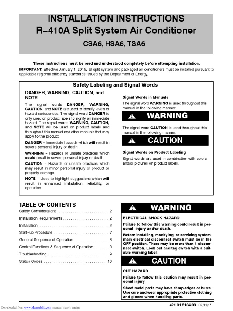 Installation Instructions R 410A Split System Air Conditioner | PDF ...