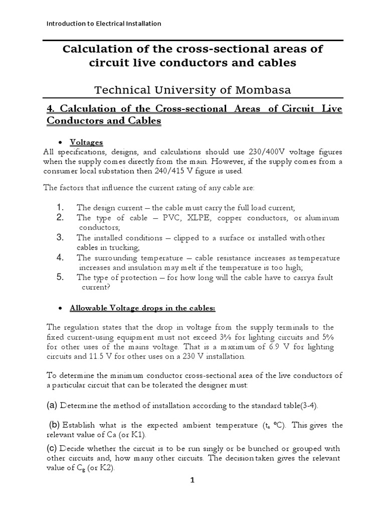 EET 4 Calculation of The Cross-Sectional Areas of Circuit Live ...