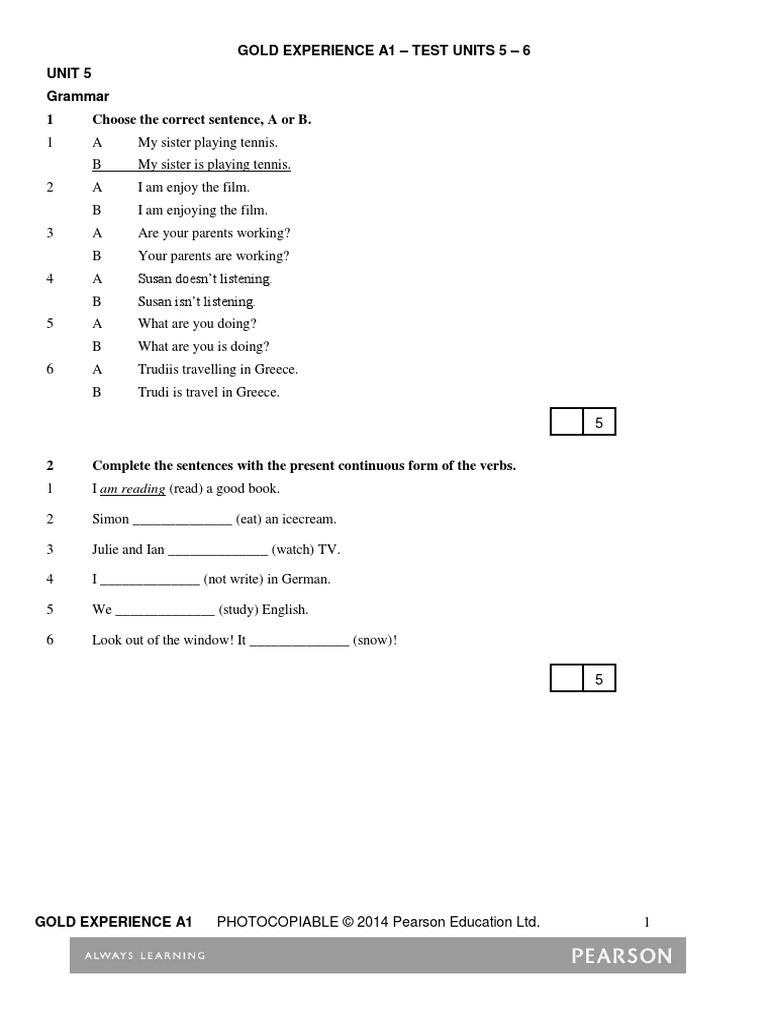 Gold Experience A1 Test 5-6 | PDF
