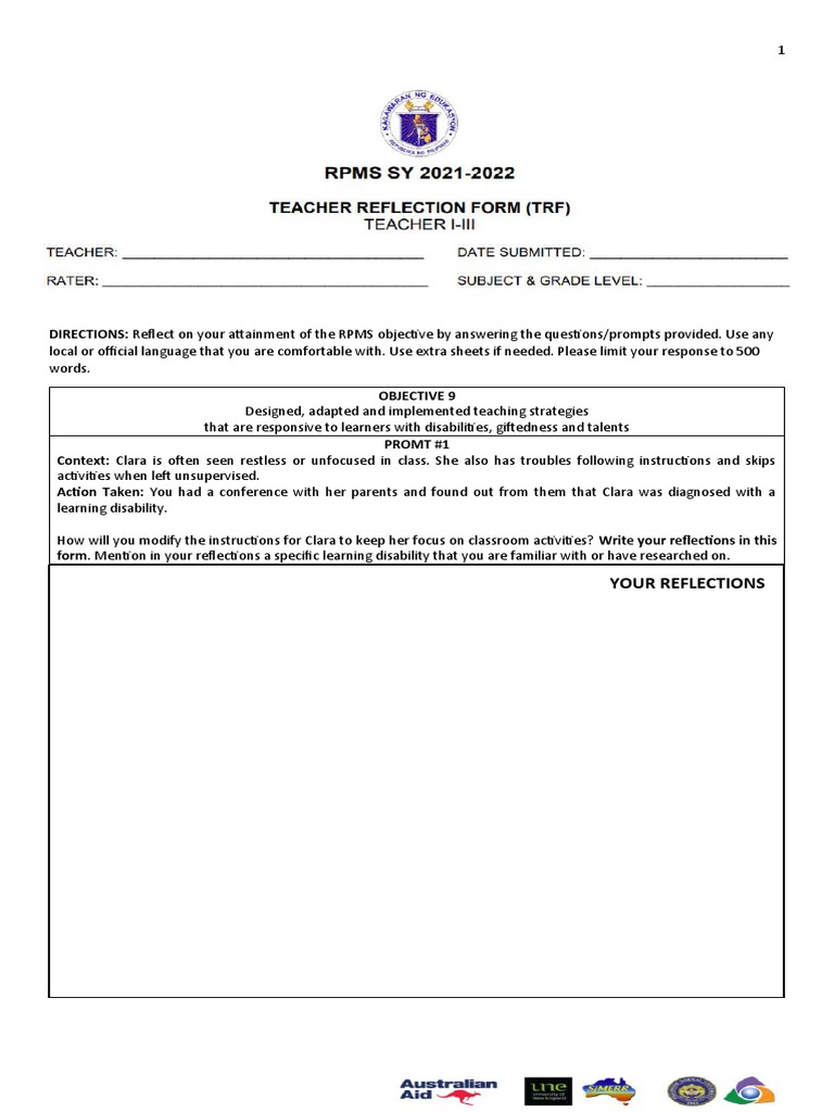 Rpms Sy 2021 - 2022 - Teacher Reflection Form - TRF | Download Free PDF ...