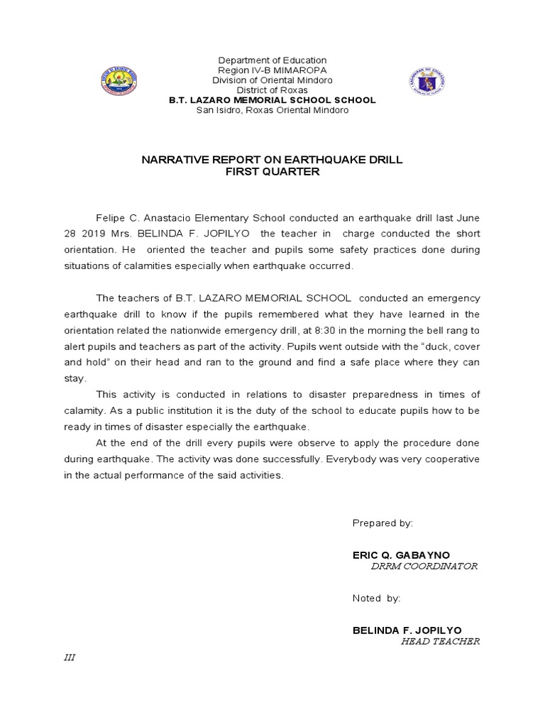 Earthquake Drill Narrative Report BTL | PDF