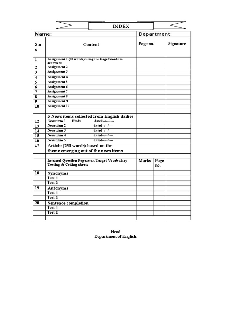 English Department Assignment Index | PDF