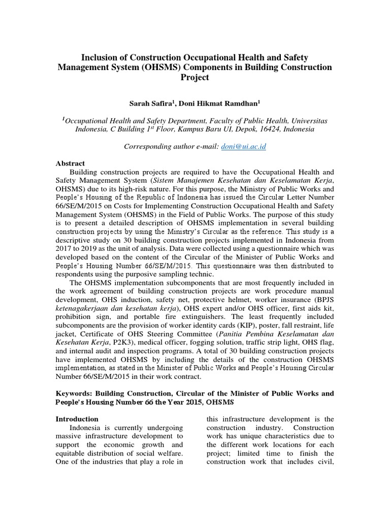 OHSMS in Indonesian Building Projects | PDF | Occupational Safety And ...