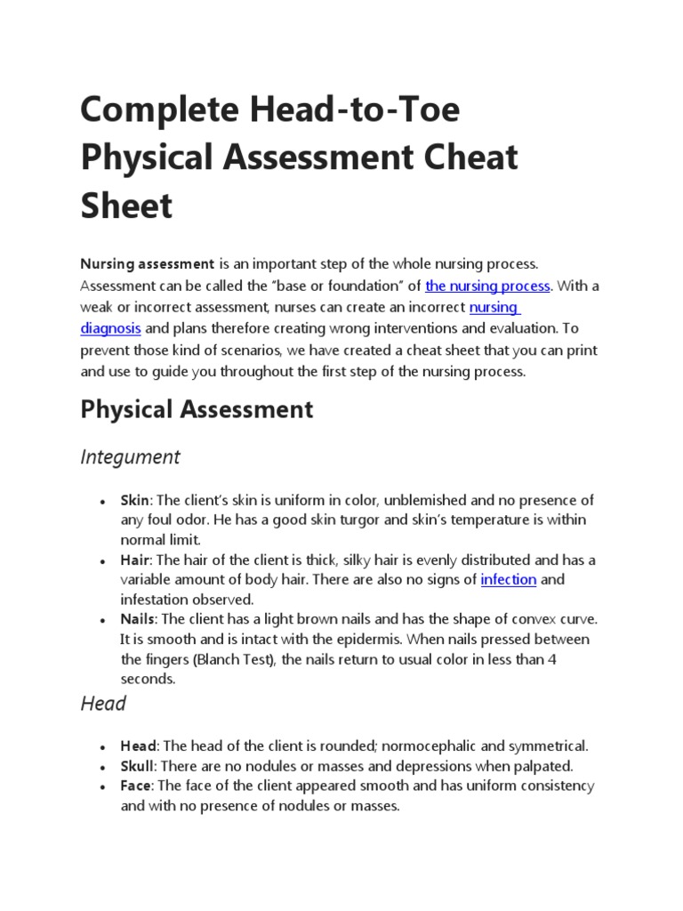 Head-to-Toe Assessment Cheat Sheet | PDF | Neck | Thorax