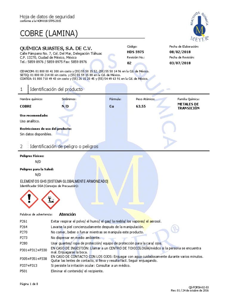 Hoja De Seguridad Del Cobre Pdf Residuos Cobre