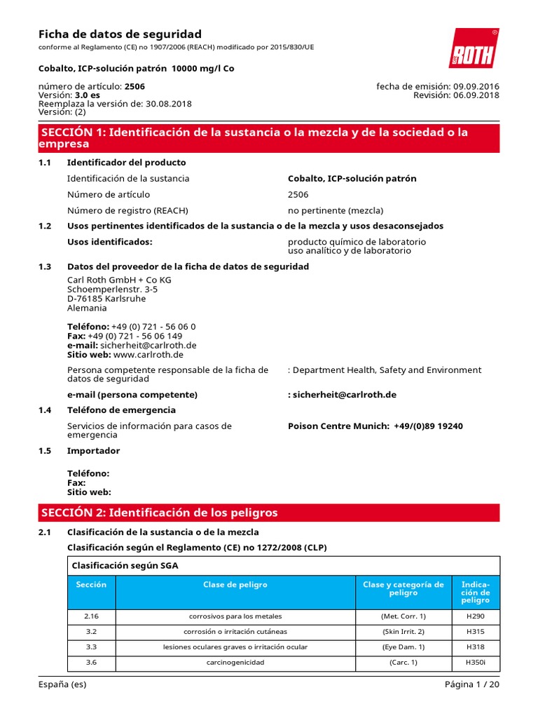 Hoja de Seguridad Del Cobalto | PDF | Toxicidad | Residuos