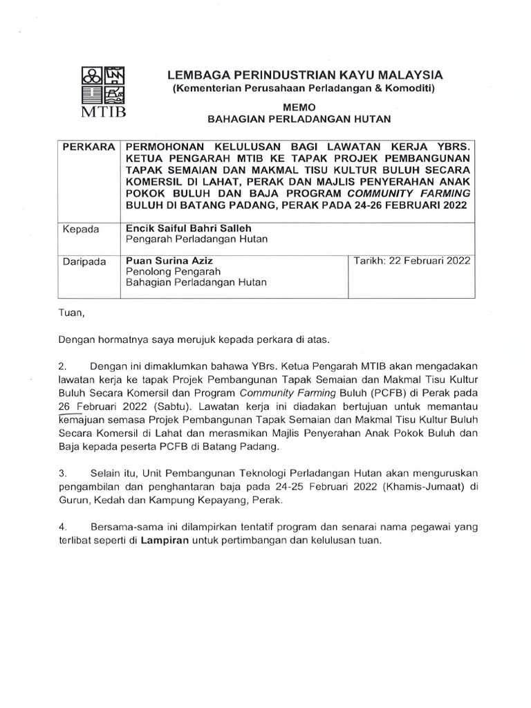 Memo Kelulusan Pengarah - Lawatan Kerja KP Projek Pembangunan Tapak ...