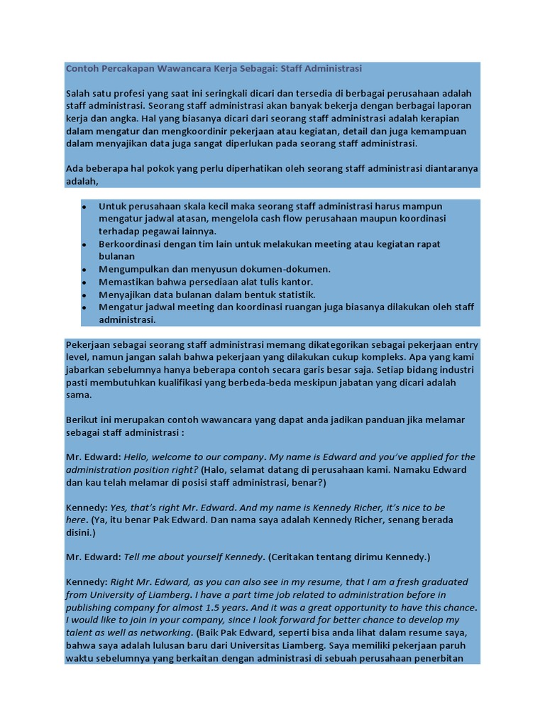 Contoh Percakapan Wawancara Kerja Sebagai | PDF