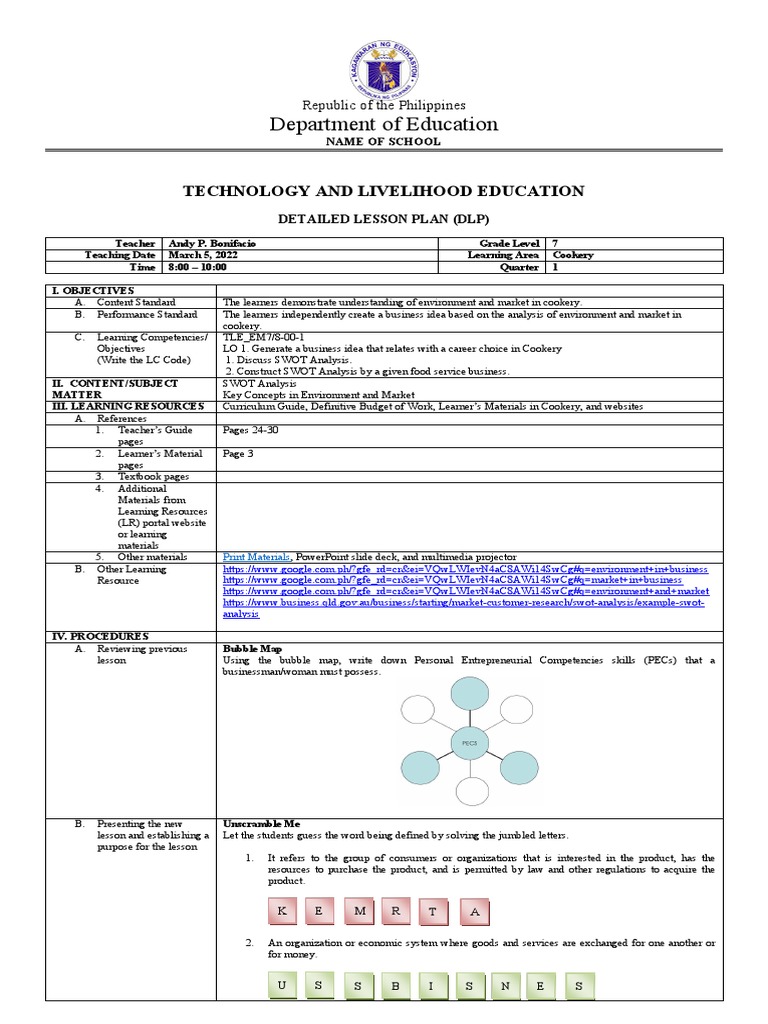 Detailed Lesson Plan DLP Sample Grade 7 Exploratory | PDF | Swot ...
