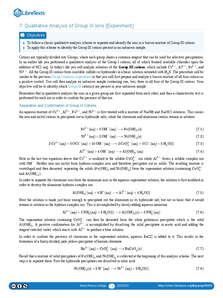 7: Qualitative Analysis of Group III Ions (Experiment) : Objectives ...